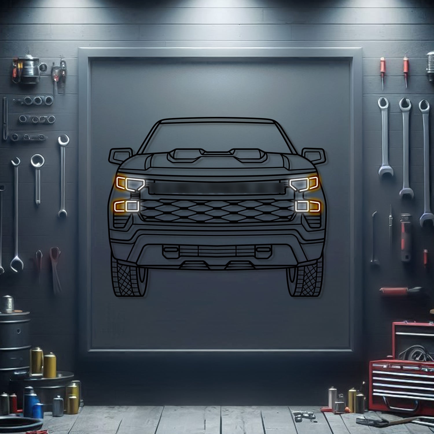 2022 Silverado 1500 Trail Boss Front View Metal Neon Car Wall Art - MT